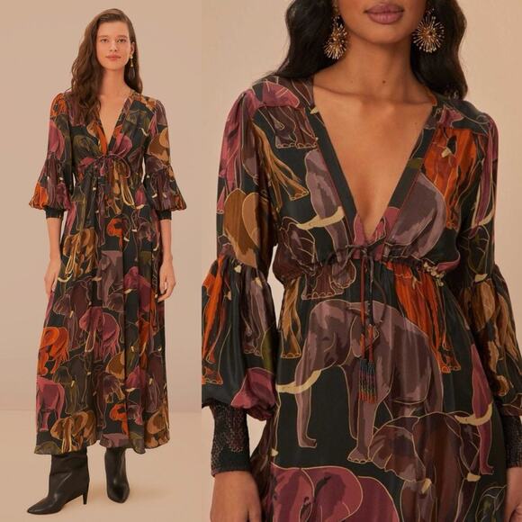 FARM Rio | Dresses | Farm Rio Green Elephants Maxi Dress M | Poshmark